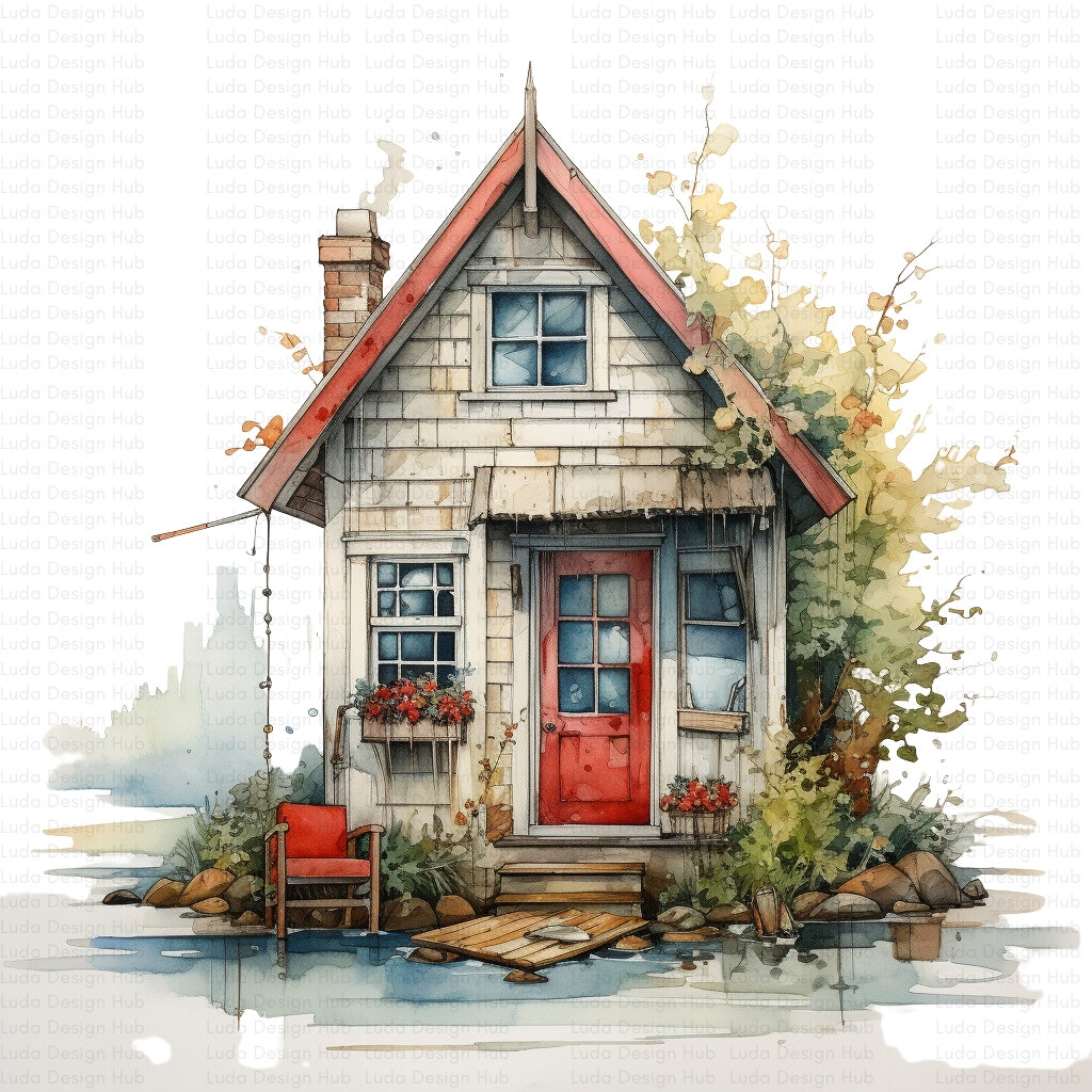 Tiny House Watercolor, Line Drawing Clipart, Aesthetic Digital Art ...