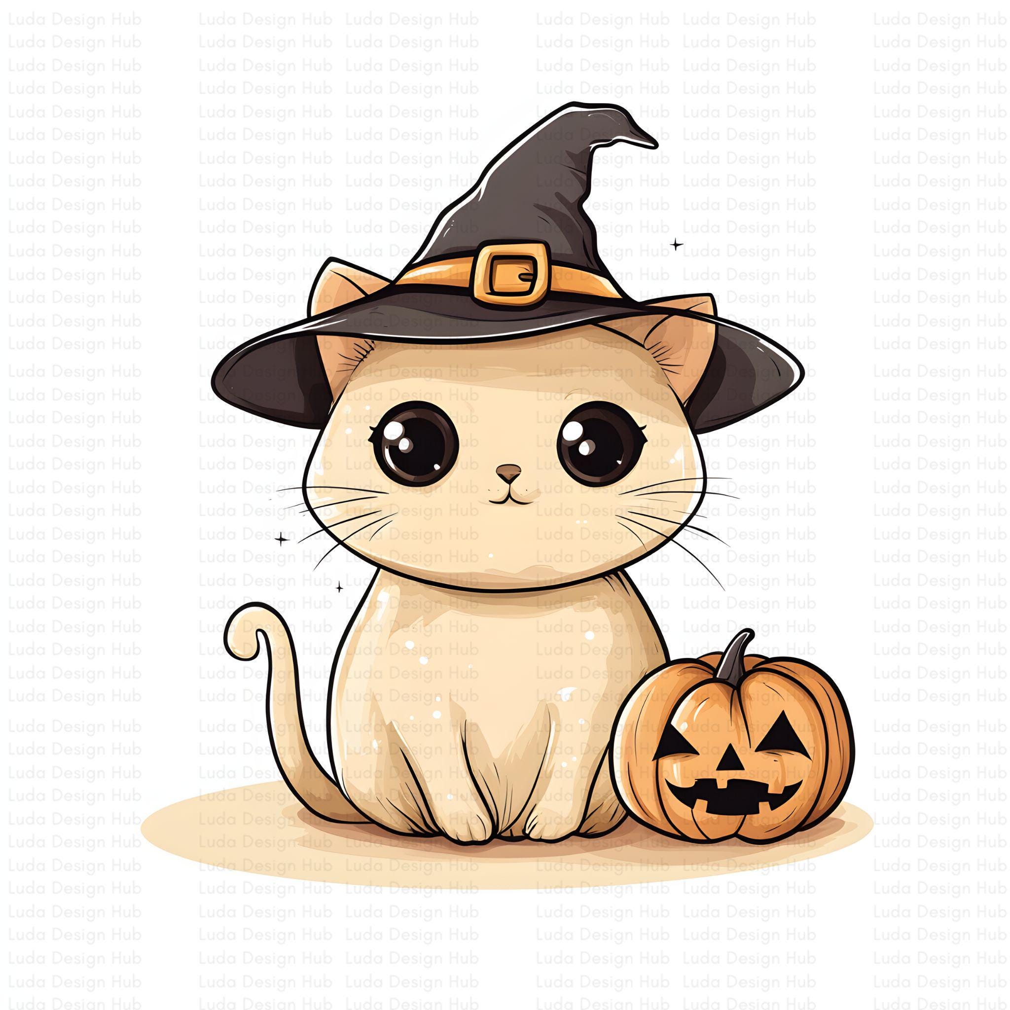Cute Kawaii Halloween Cat Clipart for Commercial Use -adorable Cat Illustration for Crafts ...