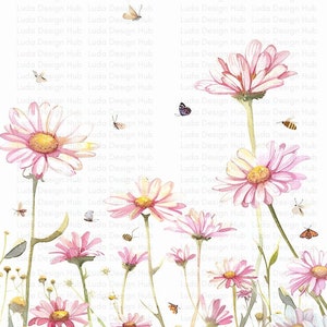 12 Floral Decors, Daisy Border, Florals, Digital Clipart, Watercolor ...