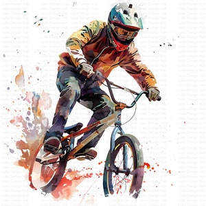 Dynamic BMX Bike Rider Watercolor Clipart – Perfect for Sports Graphics ...