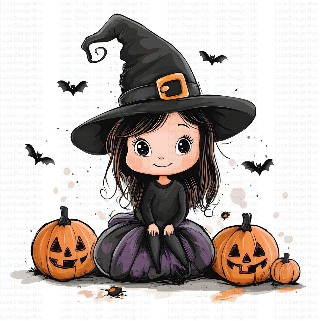 Cute Halloween Witch Girl Clipart for Commercial Use - Adorable Witch ...