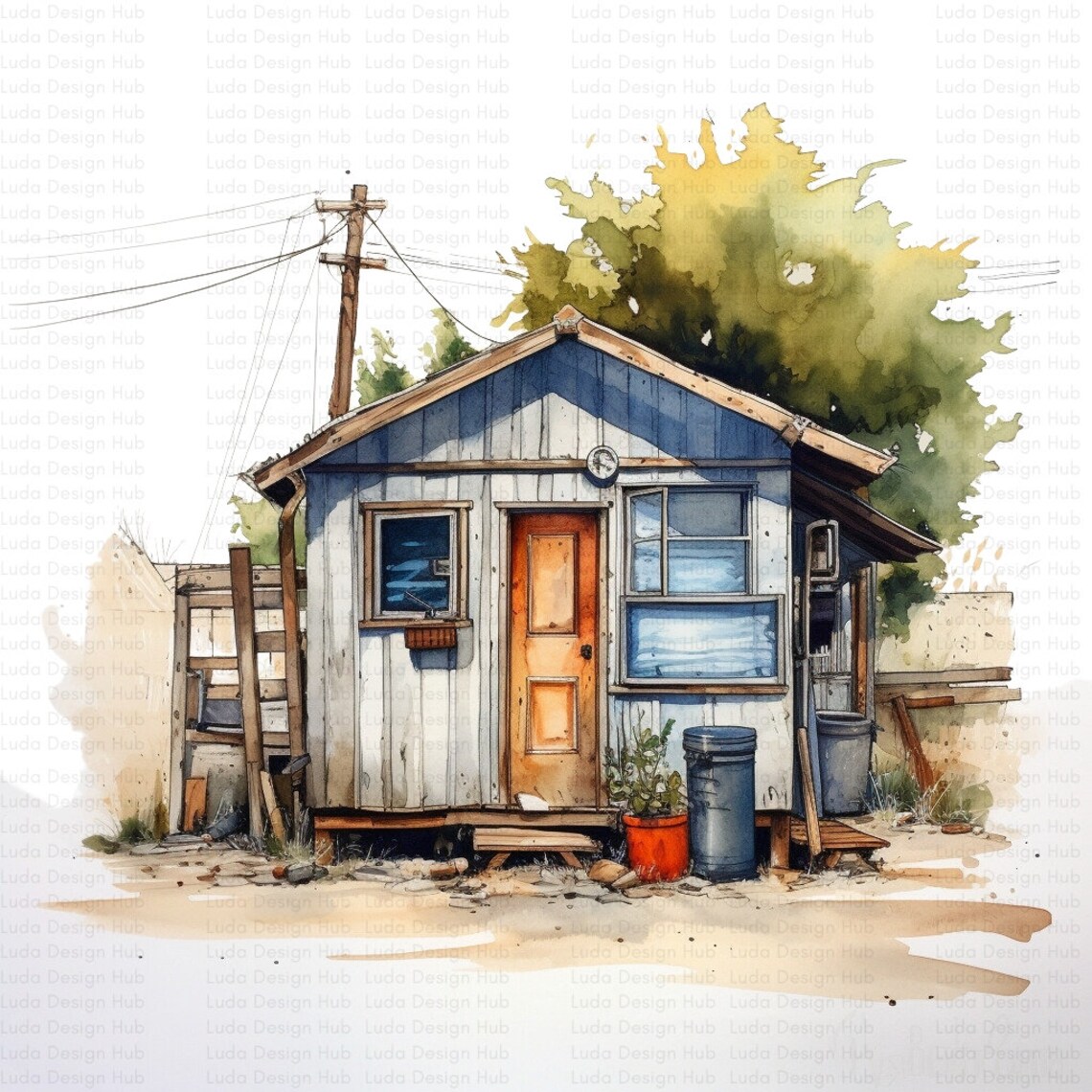 Tiny House Watercolor, Line Drawing Clipart, Aesthetic Digital Art ...