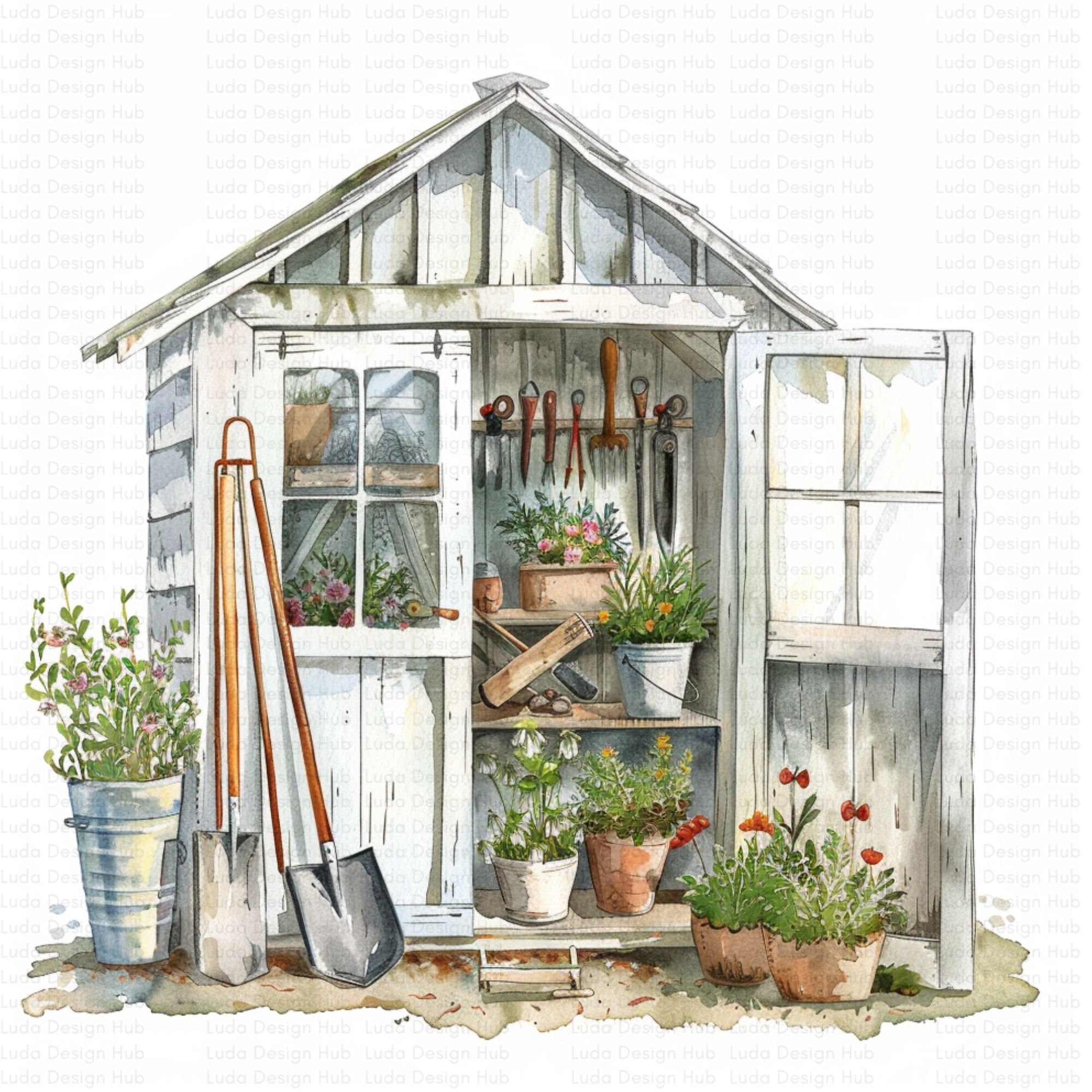 12 Garden Sheds Clipart Digital Files, Watercolor Plants and Flowers ...