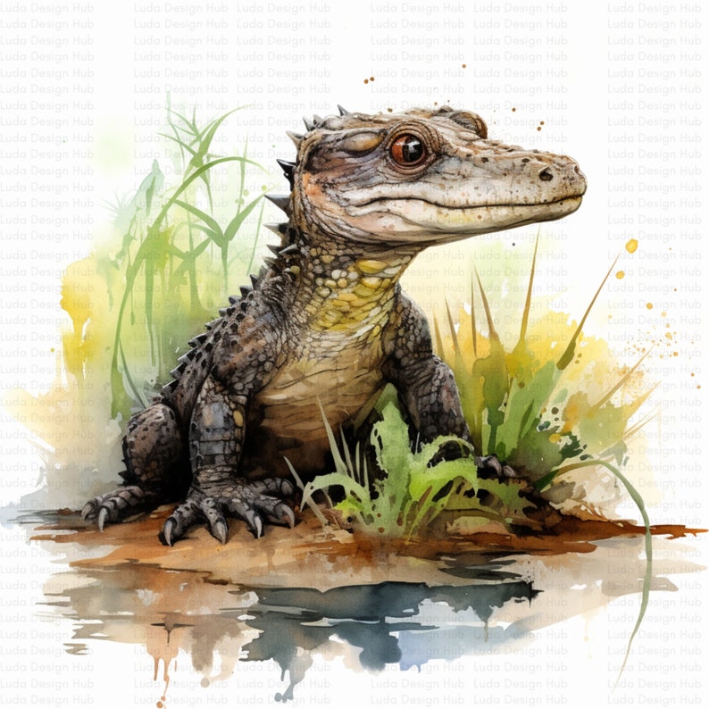 Cute Watercolor Baby American Alligator Artwork: 10 Watercolor Cliparts ...