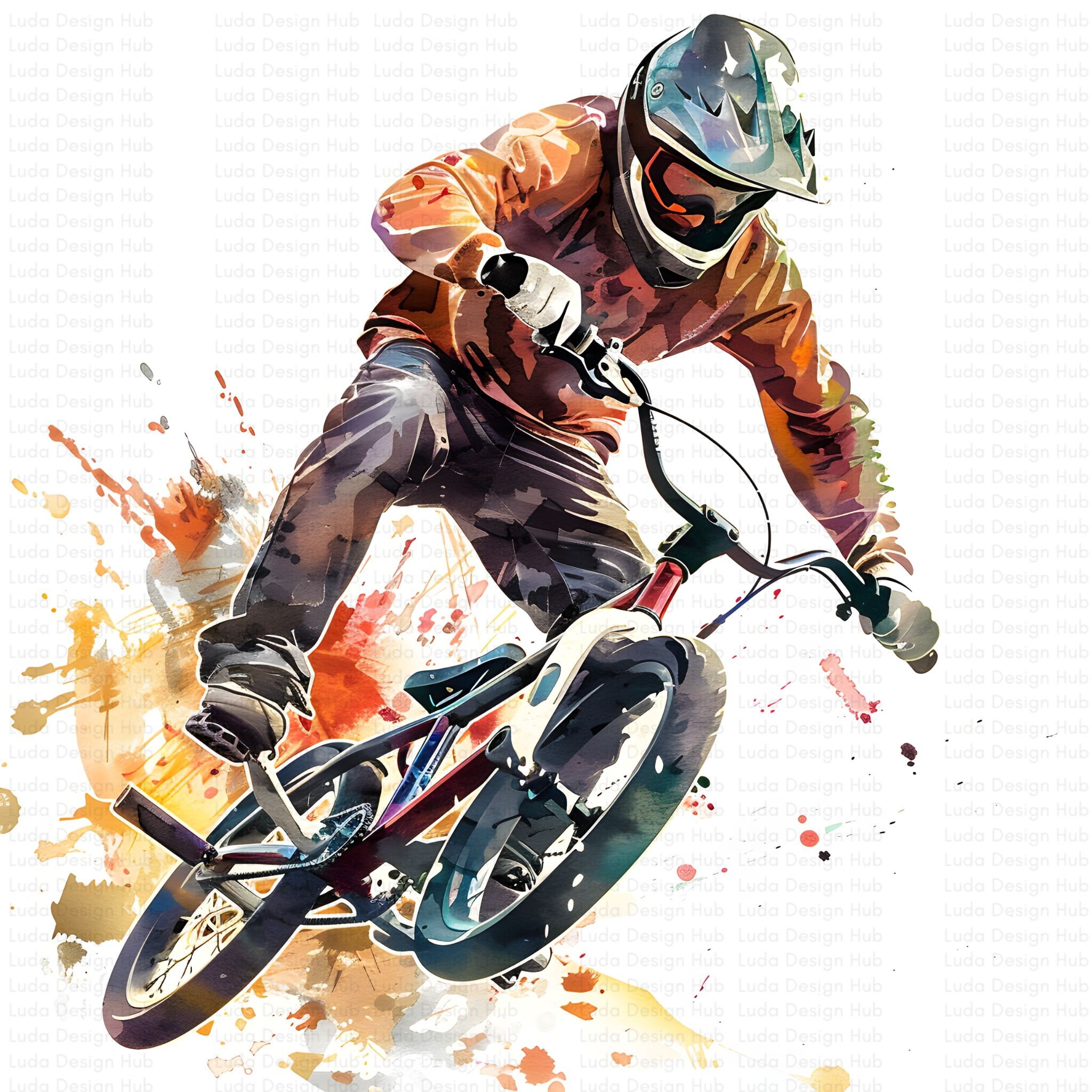 Dynamic BMX Bike Rider Watercolor Clipart – Perfect for Sports Graphics ...