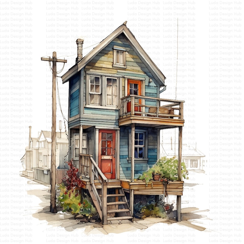 Tiny House Watercolor, Line Drawing Clipart, Aesthetic Digital Art ...
