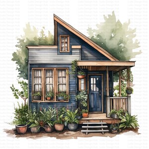 Tiny House Watercolor, Line Drawing Clipart, Aesthetic Digital Art ...