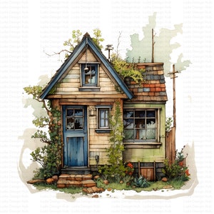Tiny House Watercolor, Line Drawing Clipart, Aesthetic Digital Art ...