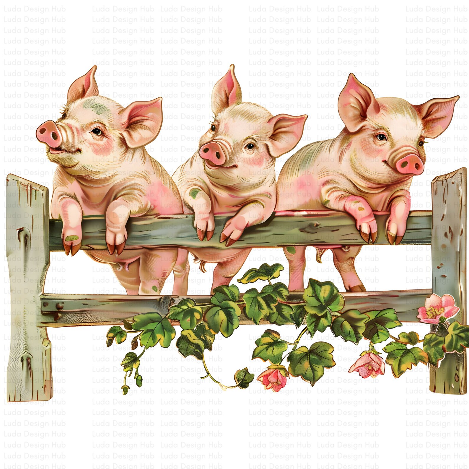 Cute Cheeky Pigs on a Fence Clipart for Commercial Use - Pig ...