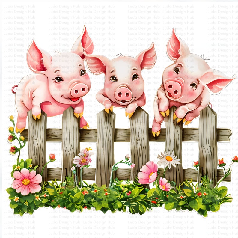 Cute Cheeky Pigs on a Fence Clipart for Commercial Use - Pig ...