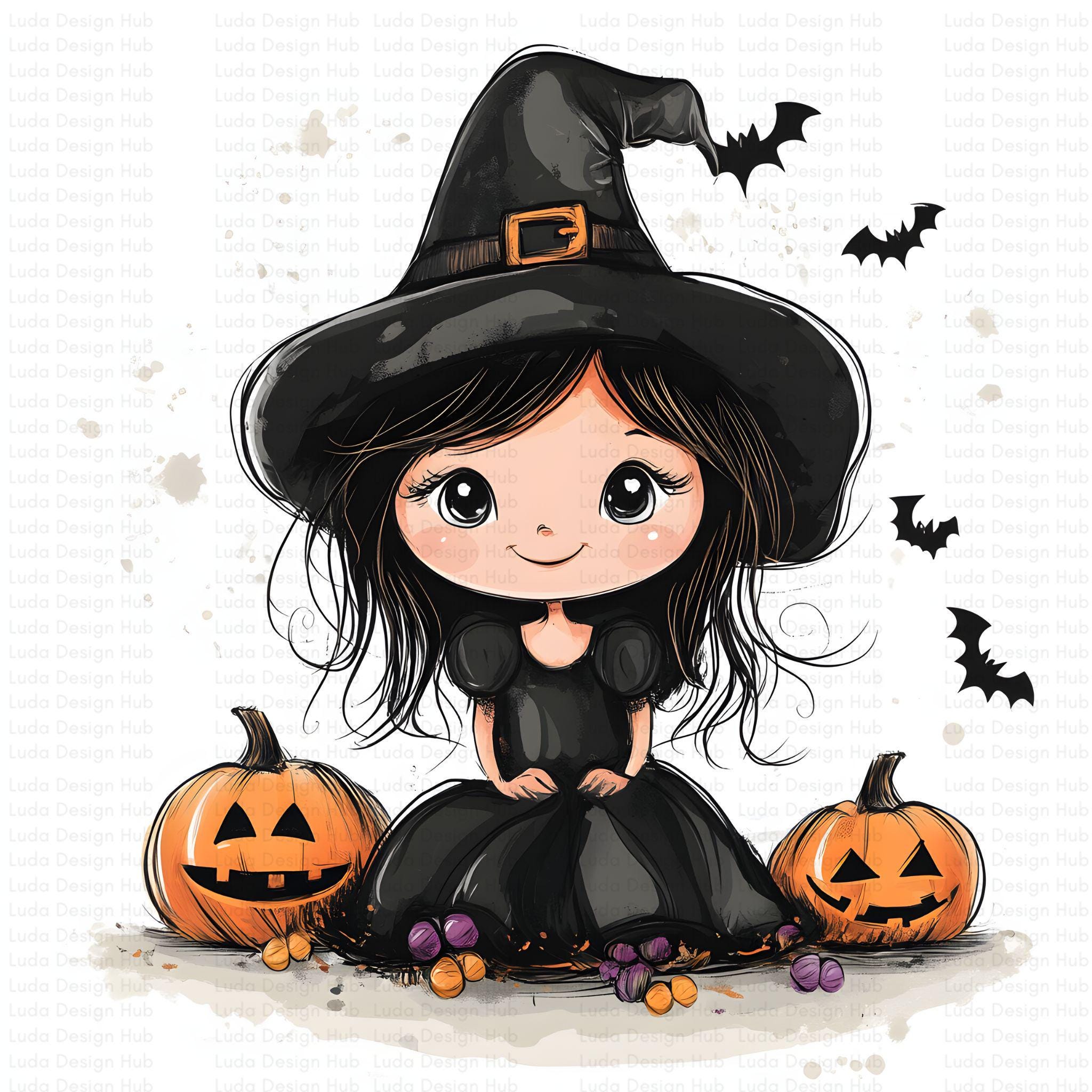 Cute Halloween Witch Girl Clipart for Commercial Use - Adorable Witch ...