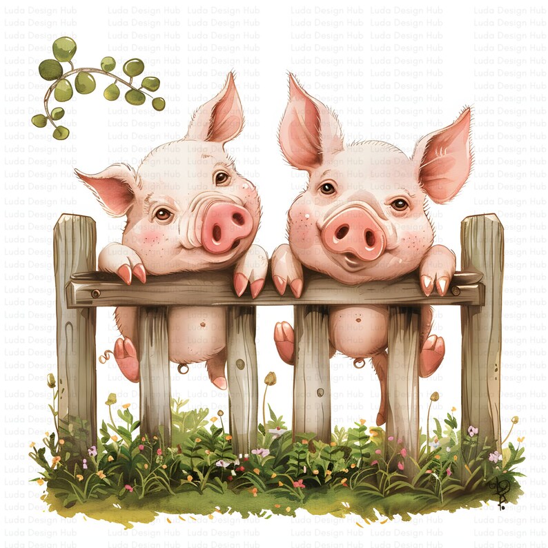 Cute Cheeky Pigs on a Fence Clipart for Commercial Use - Pig ...