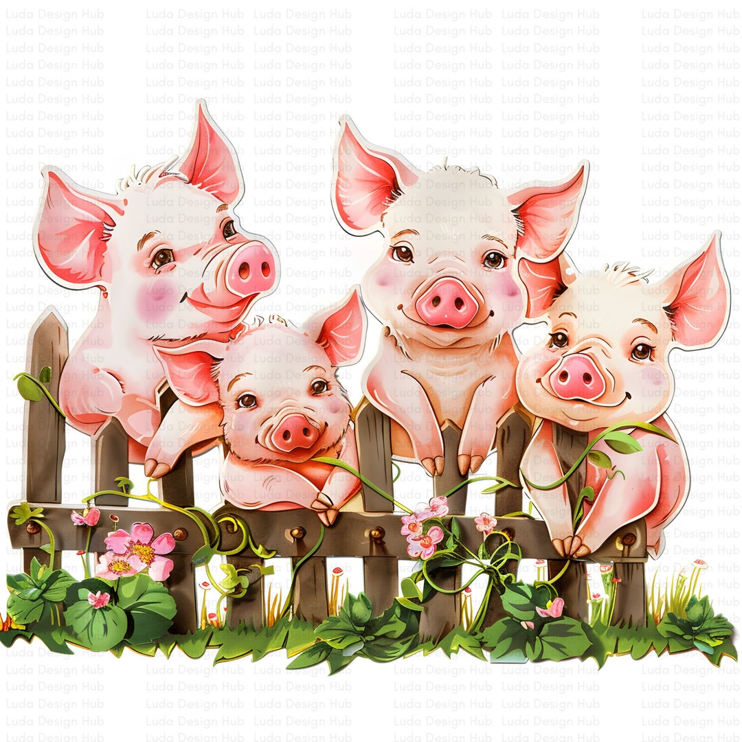 Cute Cheeky Pigs on a Fence Clipart for Commercial Use - Pig ...