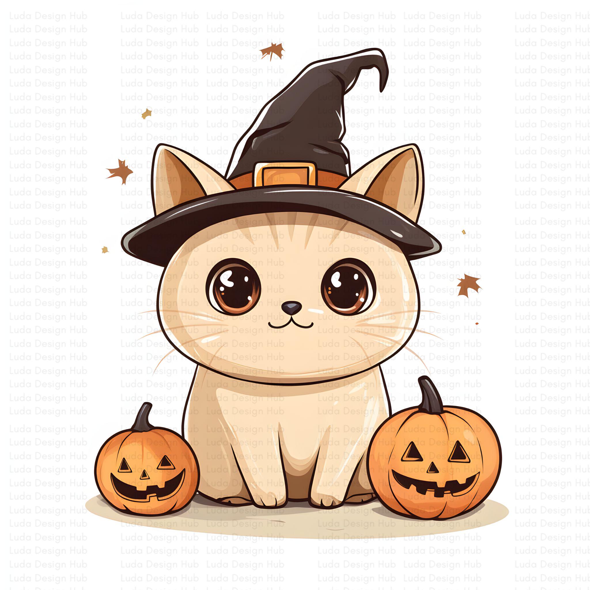 Cute Kawaii Halloween Cat Clipart For Commercial Use Adorable Cat Illustration For Crafts
