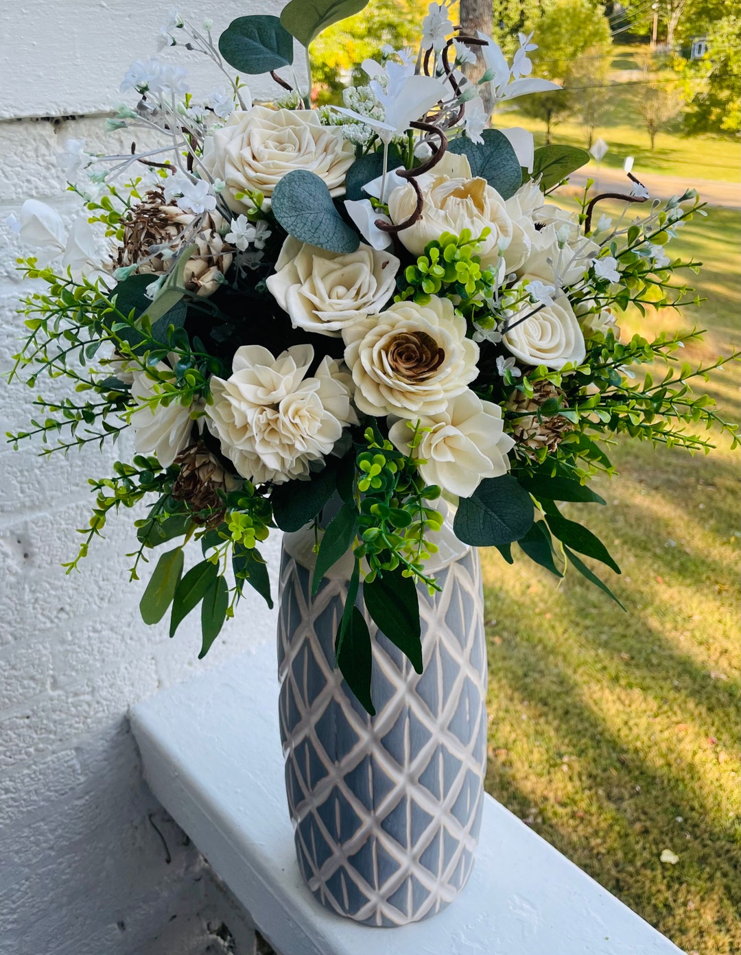 Neutral Color Sola Wood Flower Arrangement in Grey Ceramic Vase - Etsy