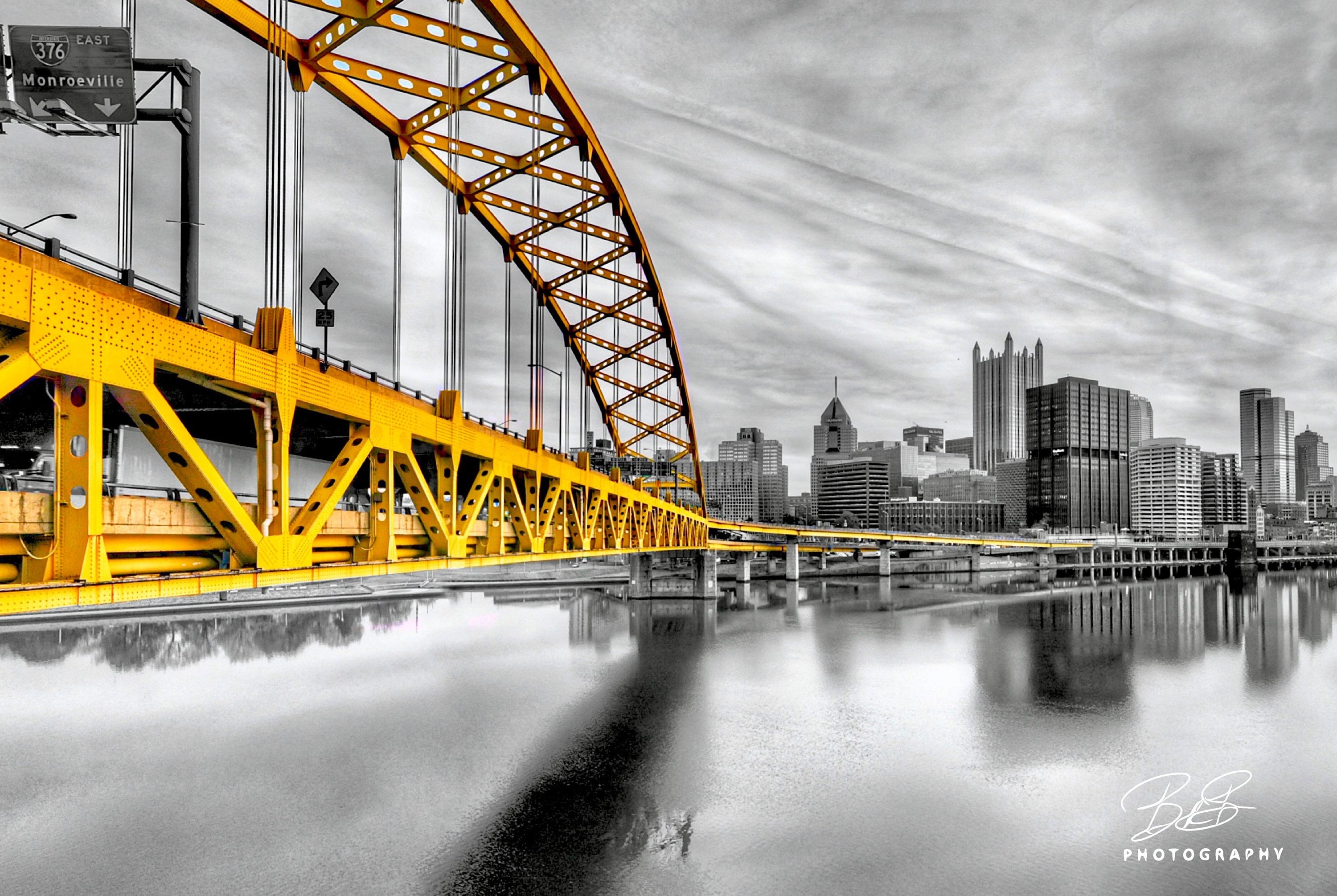 Fort Pitt Bridge and Pittsburgh Skyline - Selective Color Black & Gold ...