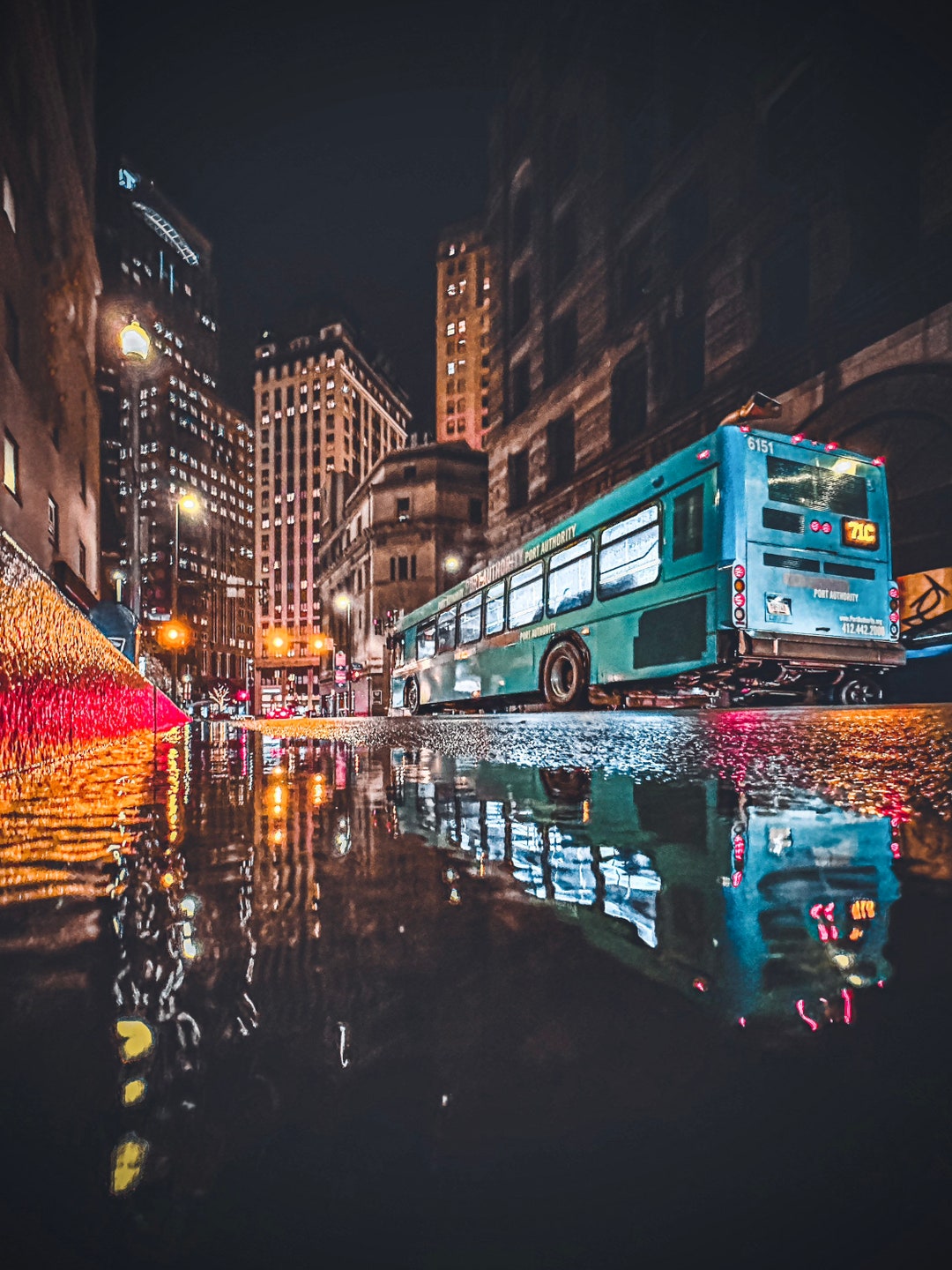 The 71C Pittsburgh Port Authority Transit on a Rainy Night Puddle ...