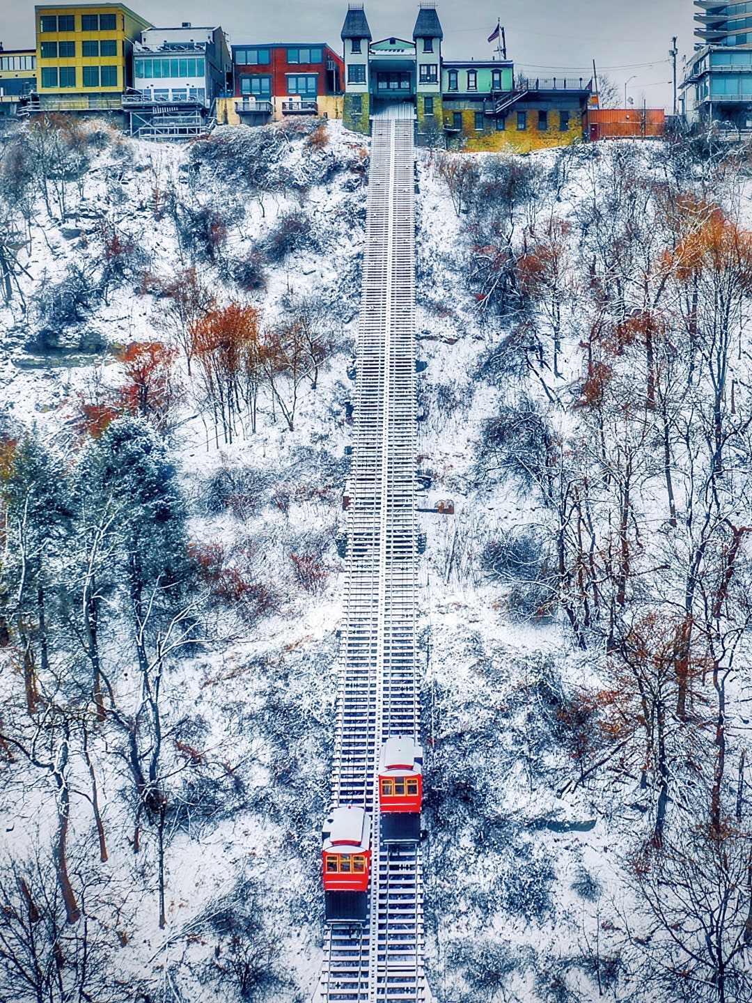 The Two Duquesne Incline Cable Cars on a Snowy Day - Downtown ...