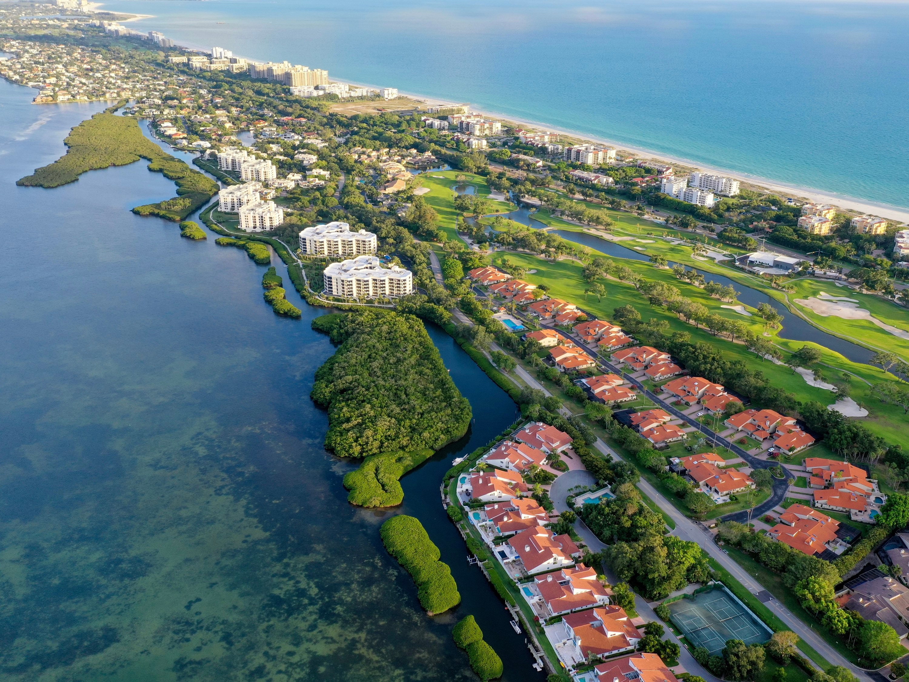 An aerial shot of Longboat Key Florida flanked by the Gulf | Etsy