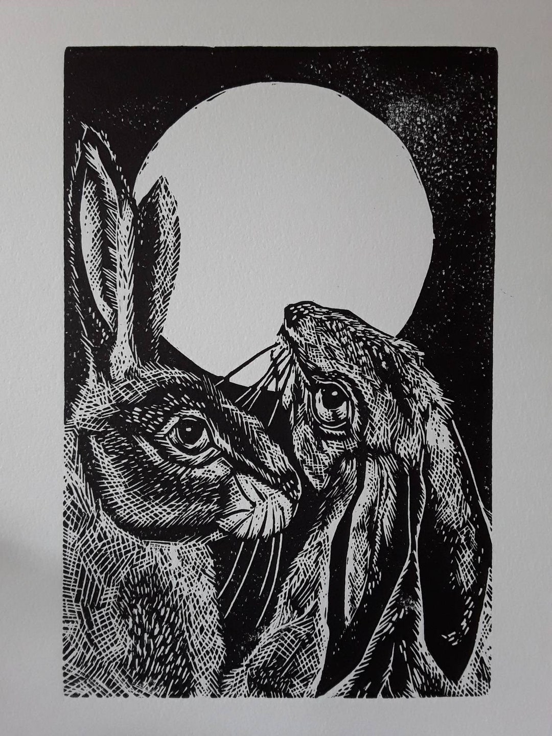 Moon Gazing Hares Linocut Print - Etsy