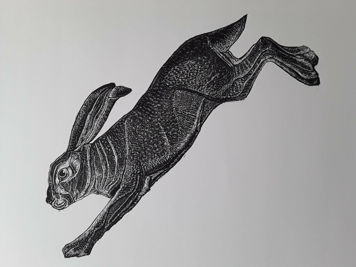 Leaping Hare Hand Pulled Linocut Print | Etsy