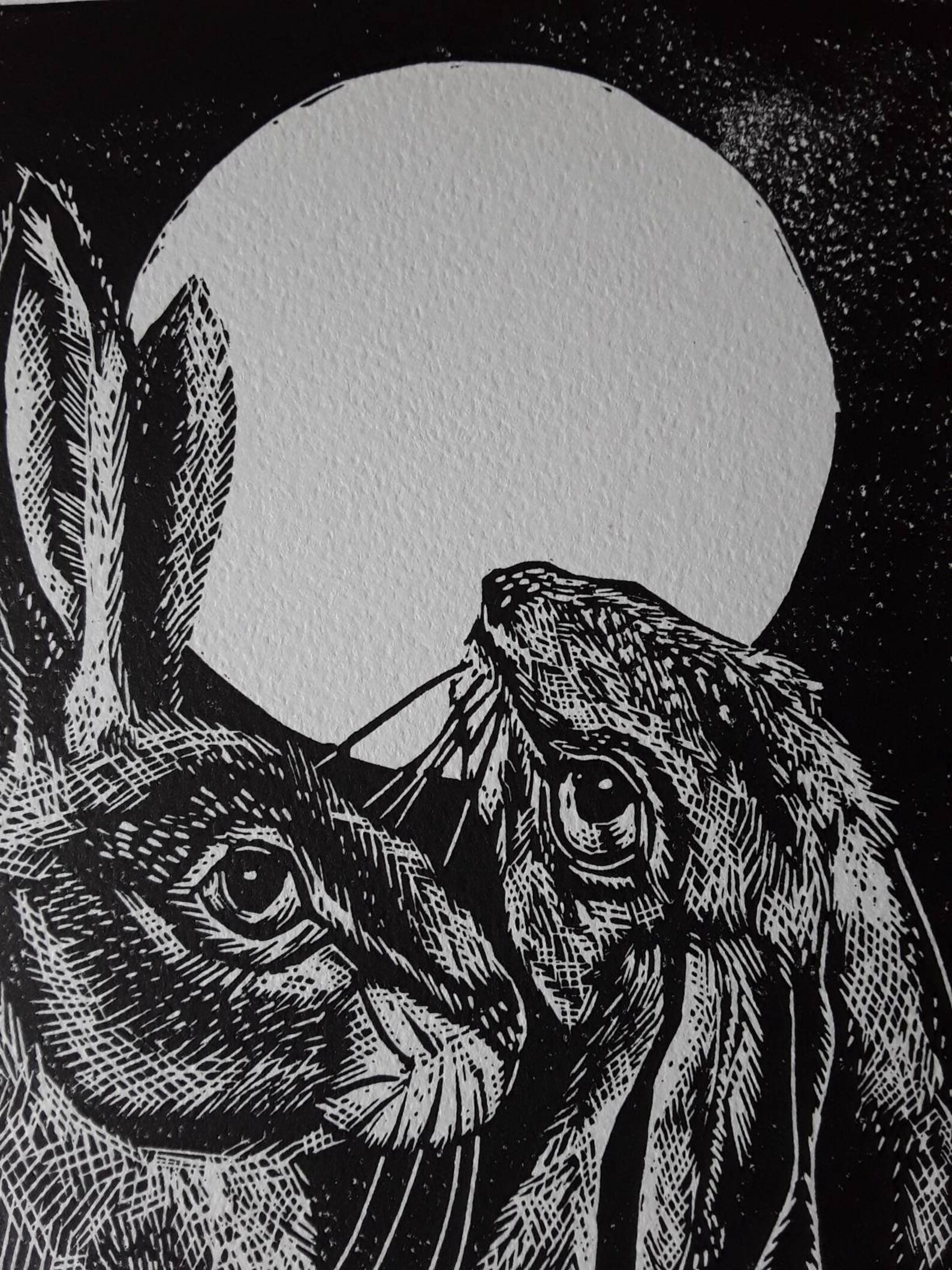 Moon Gazing Hares Linocut Print | Etsy