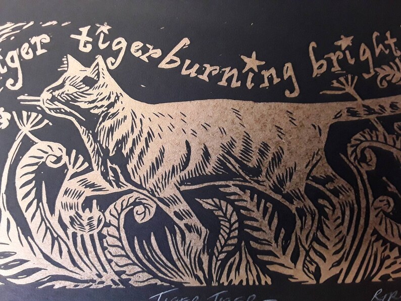 Tiger Tiger linocut print in gold | Etsy