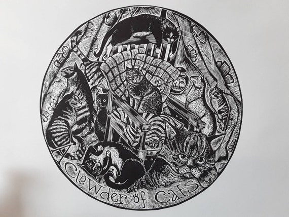 Clowder of Cats Linocut Print - Etsy UK