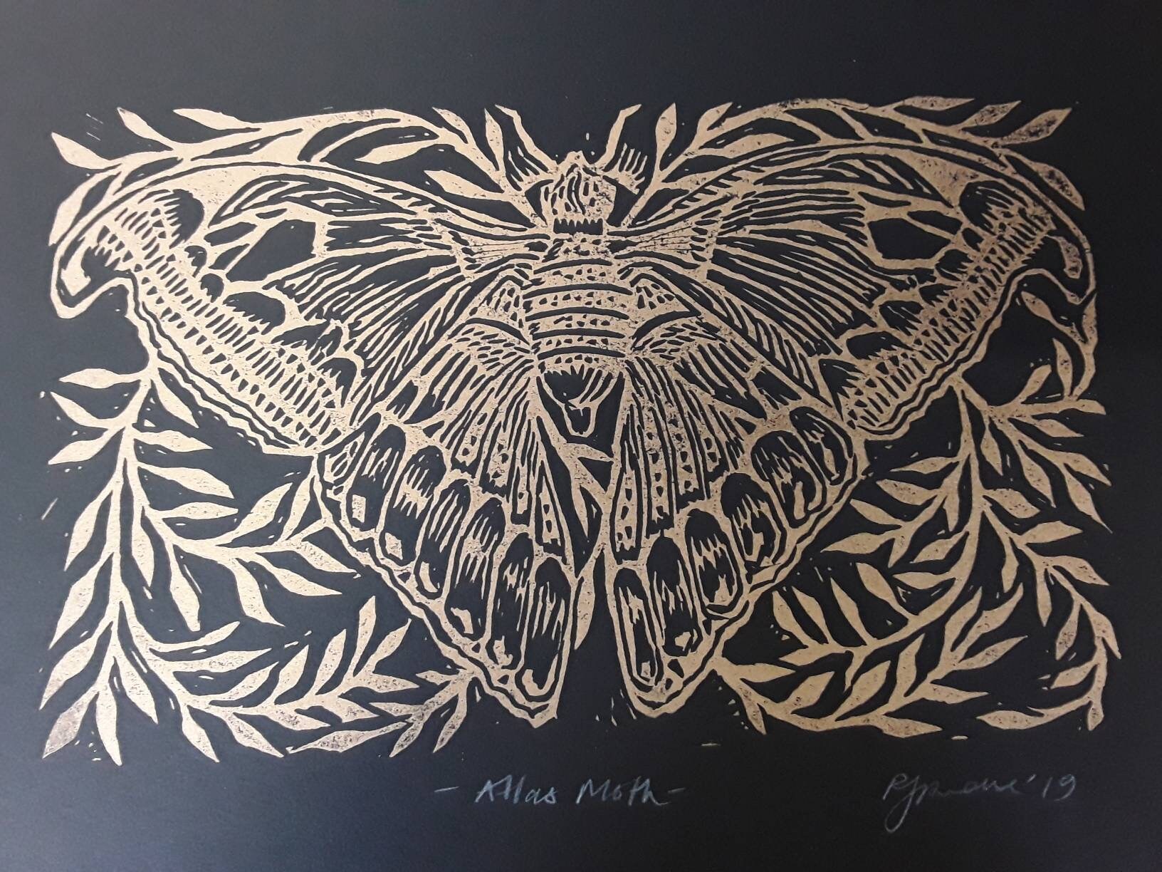 Atlas Moth Linocut Print in Gold - Etsy