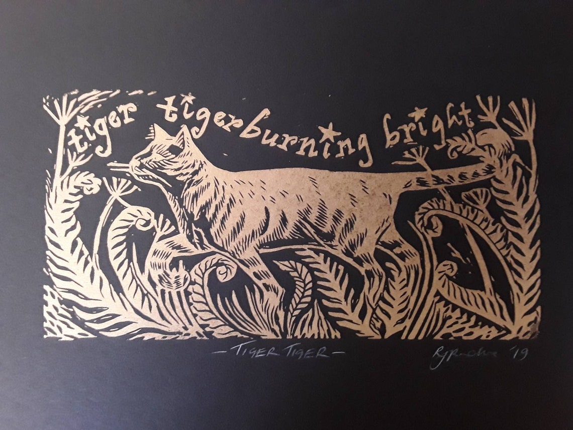 Tiger Tiger Linocut Print in Gold - Etsy
