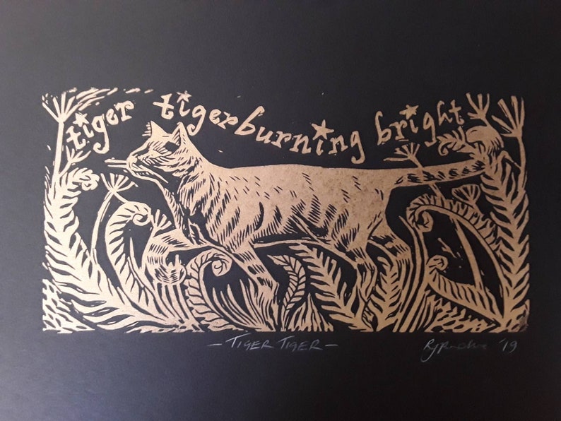 Tiger Tiger linocut print in gold | Etsy