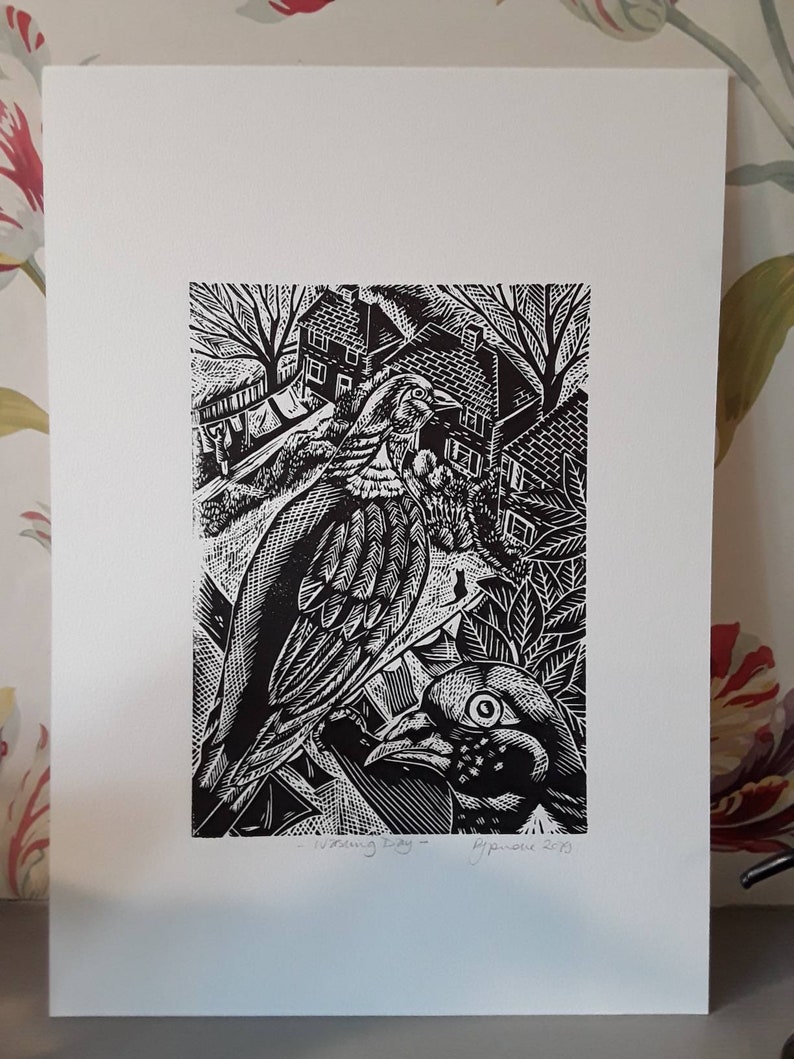 Washing Day birds Eye View Linocut Print. | Etsy