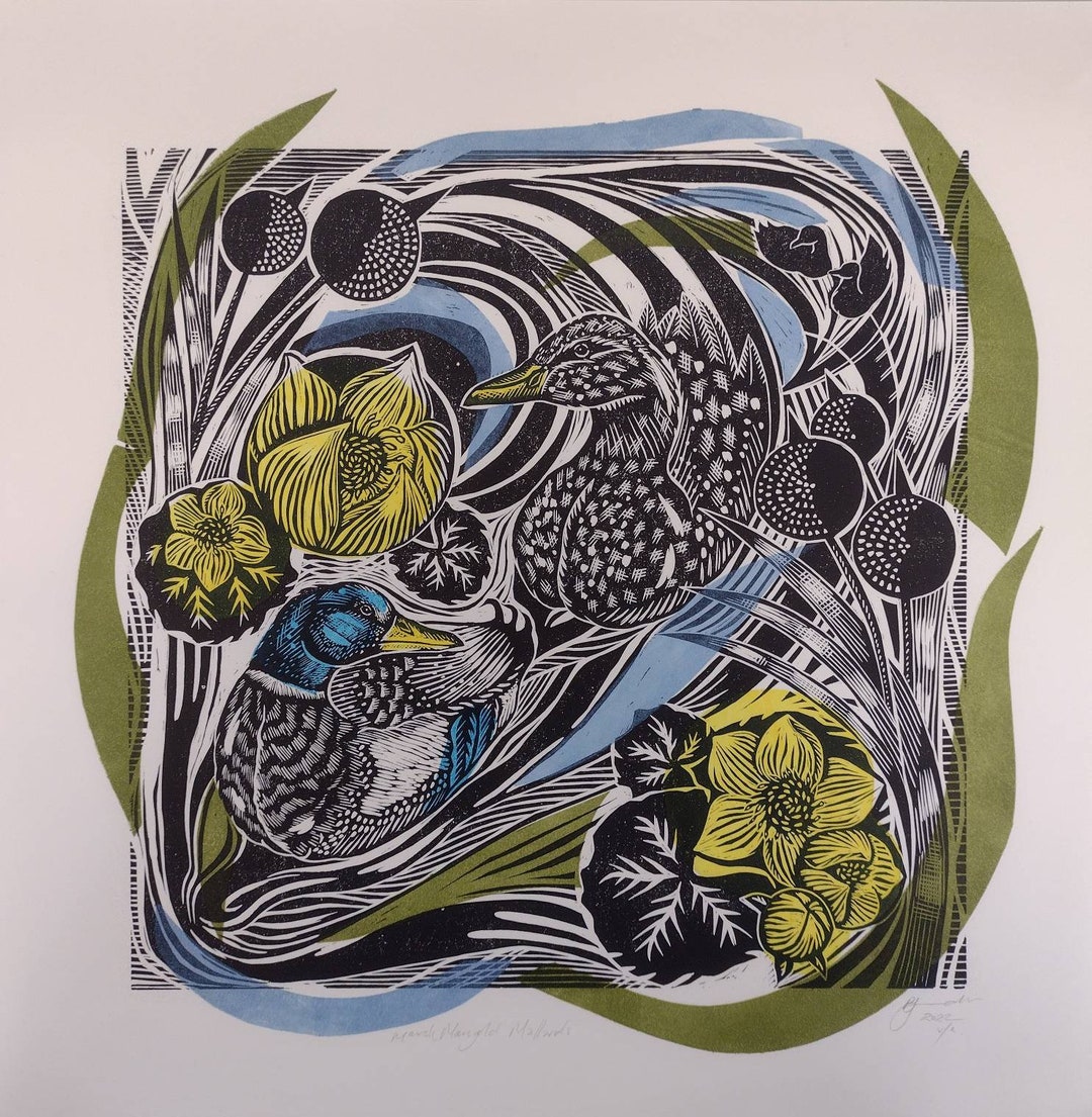 Marsh Marigold Mallards Original Linocut Print - Etsy
