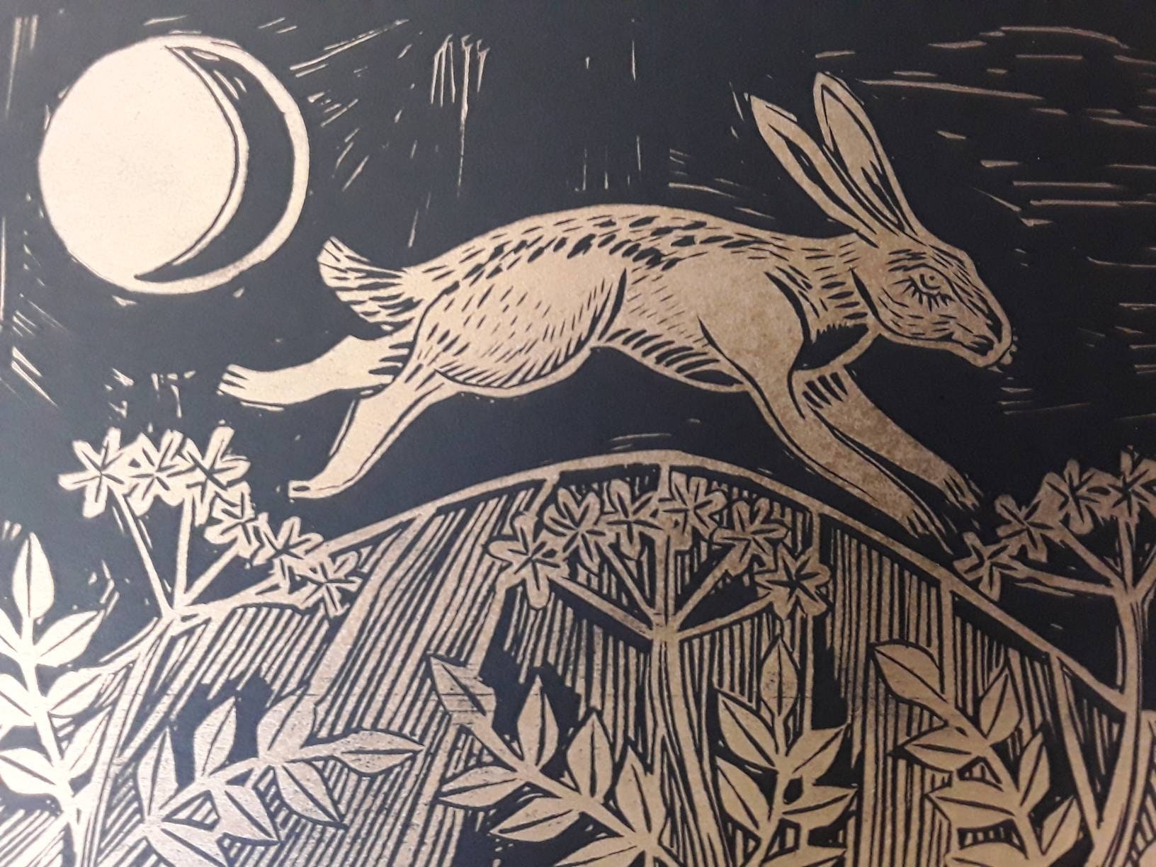 Running Hare Linocut Print in Gold - Etsy UK