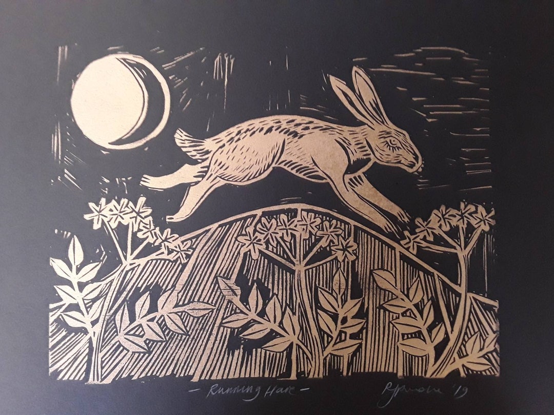 Running Hare Linocut Print in Gold - Etsy