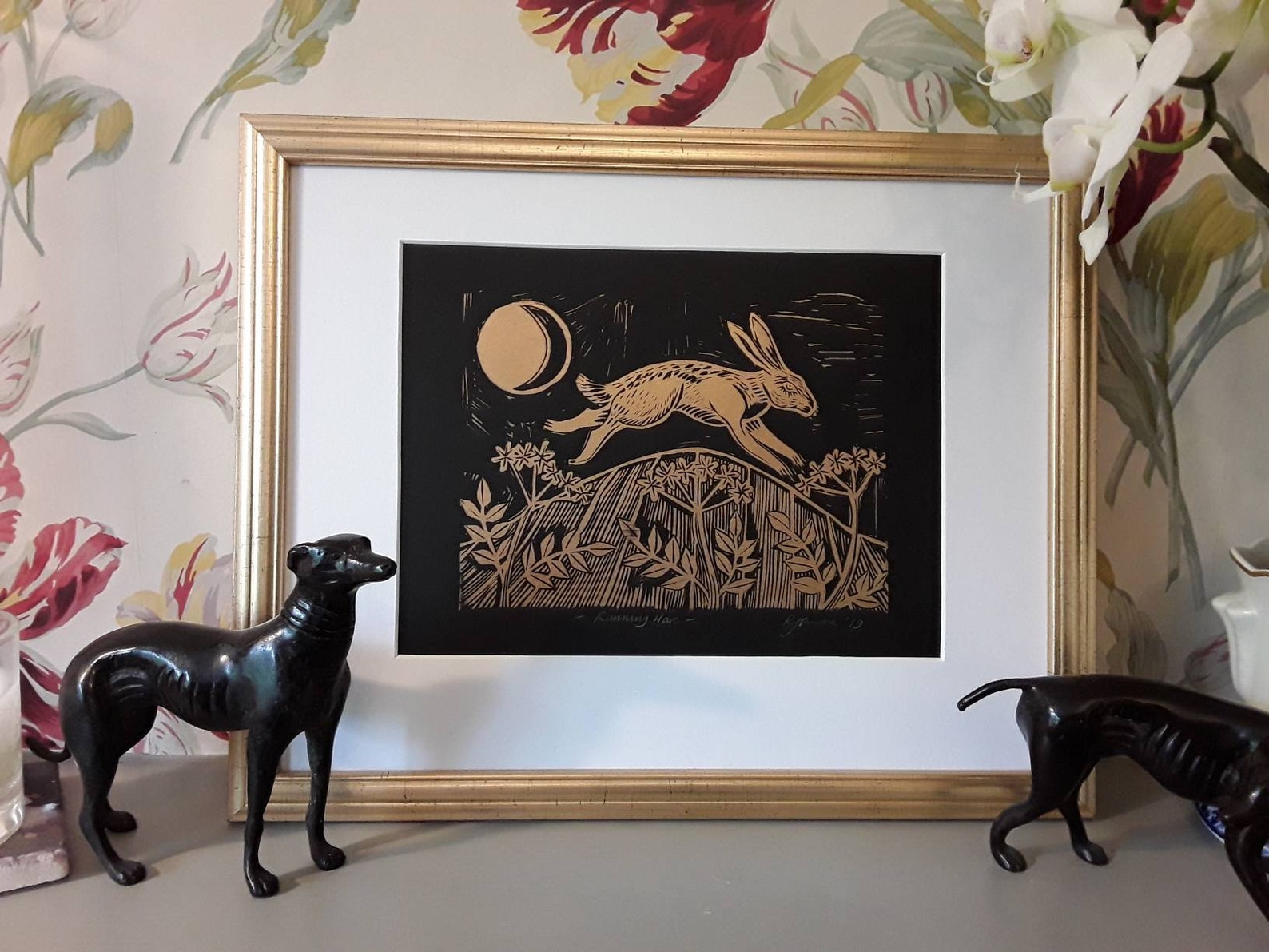 Running Hare Linocut Print in Gold - Etsy UK