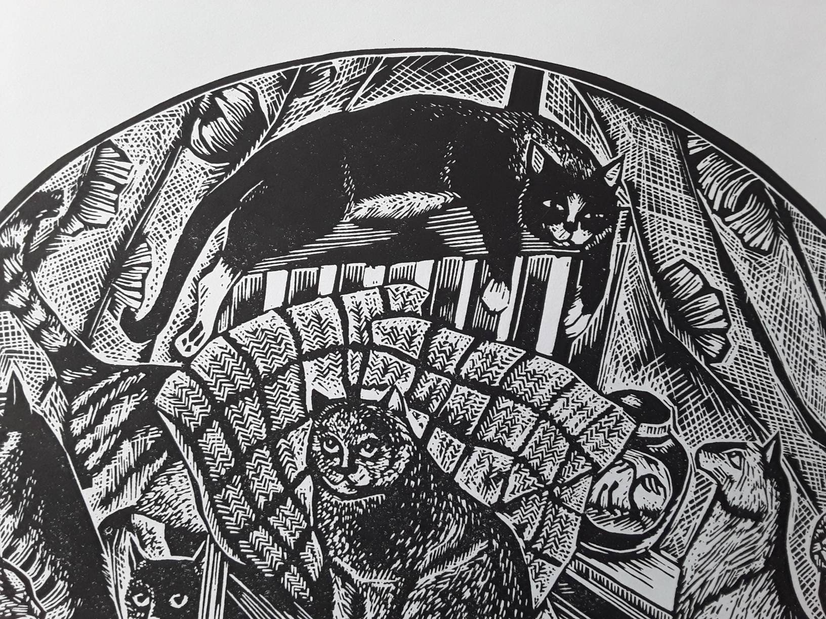 Clowder of Cats Linocut Print - Etsy UK