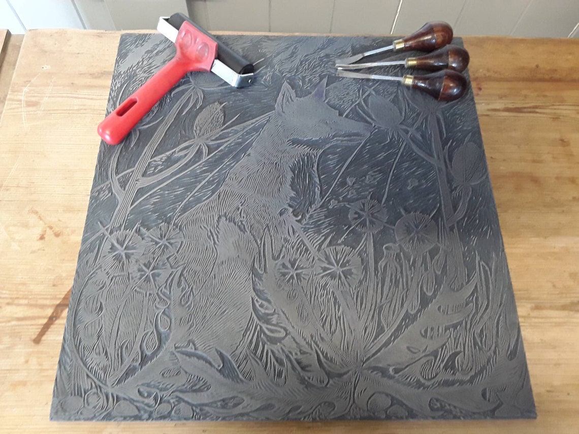 Fox in a Teasel Field Linocut Print - Etsy