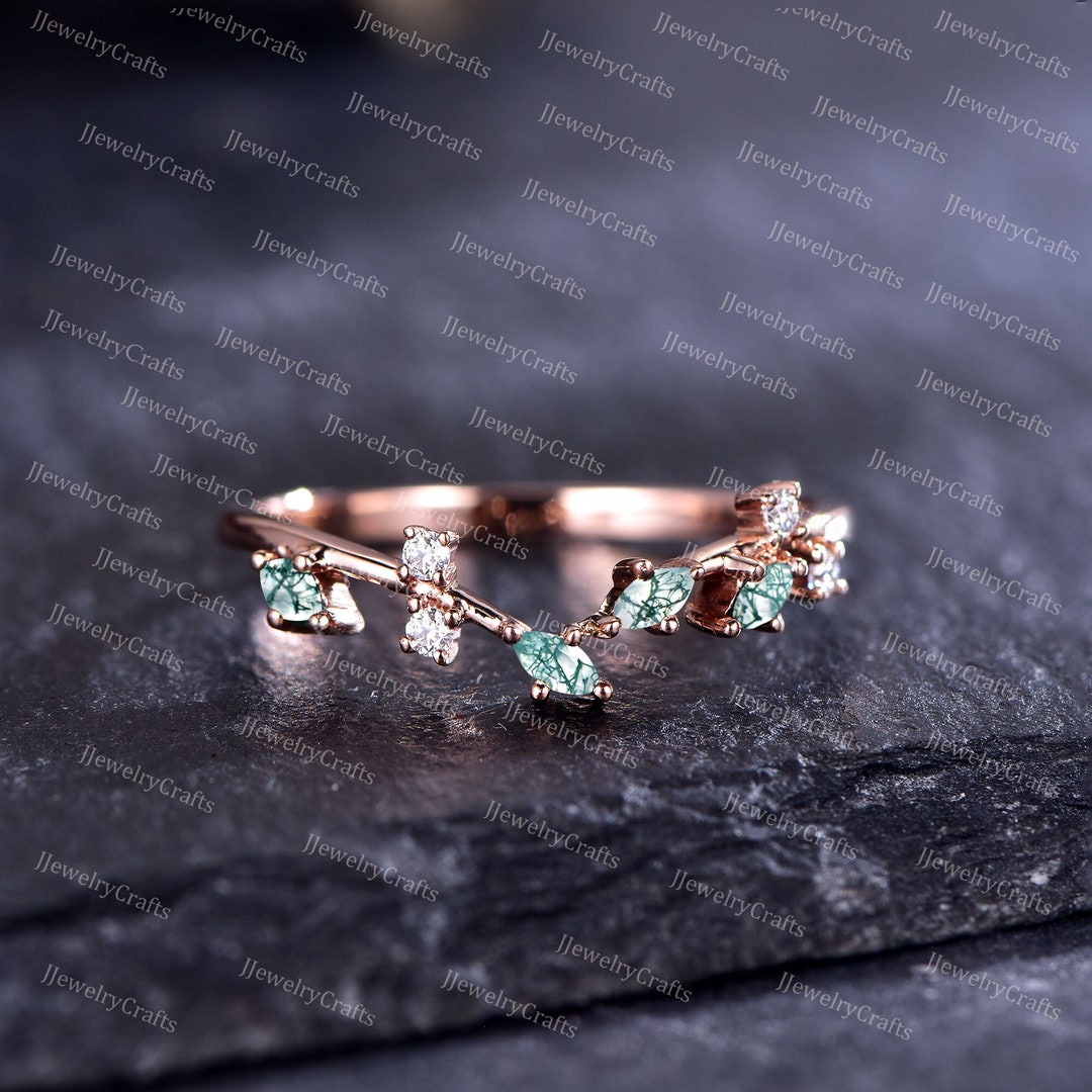 Natural Inspired Leaf Moss Agate Stack Wedding Band Curved Ring Crown ...