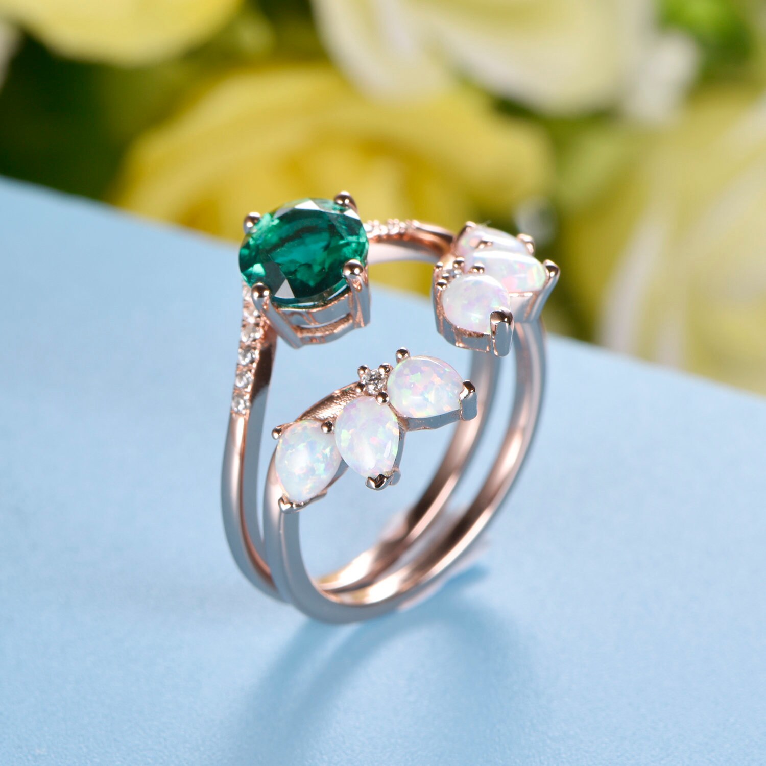 Round Emerald Engagement Ring Set Pear Opal Chevron Ring 14k Rose Gold ...