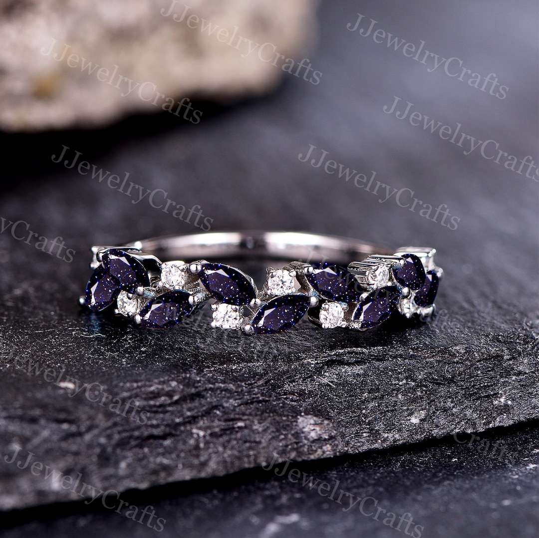Marquise Blue Sandstone Wedding Band,retro Moissanite Ring,galaxy Stack Ring,marquise Godstone ...