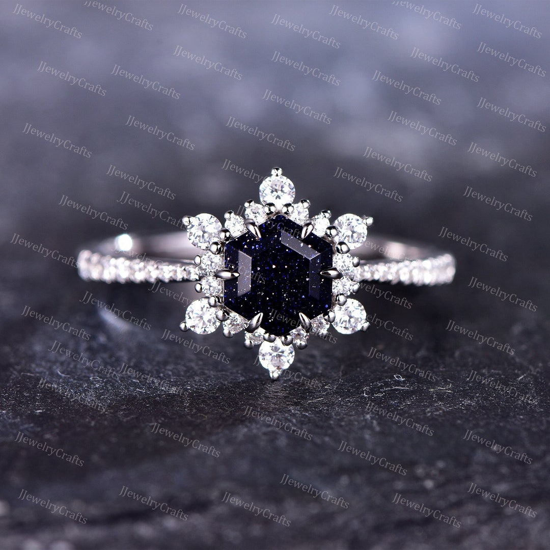 Blue Sandstone Ring Hexagon Galaxy Snowflake Engagement Ring Blue ...