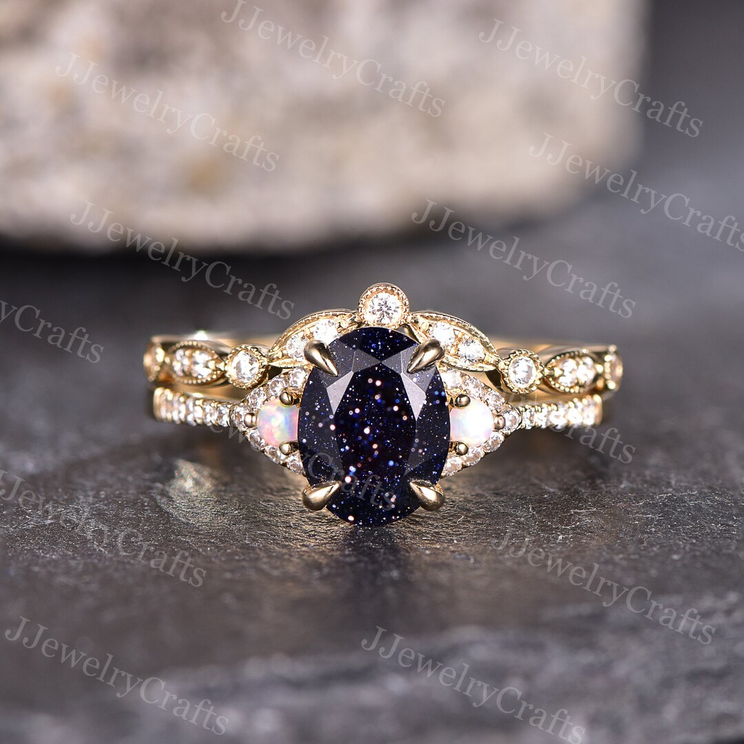 Retro Blue Sandstone Engagement Ring Set,rose Gold,vintage Blue ...