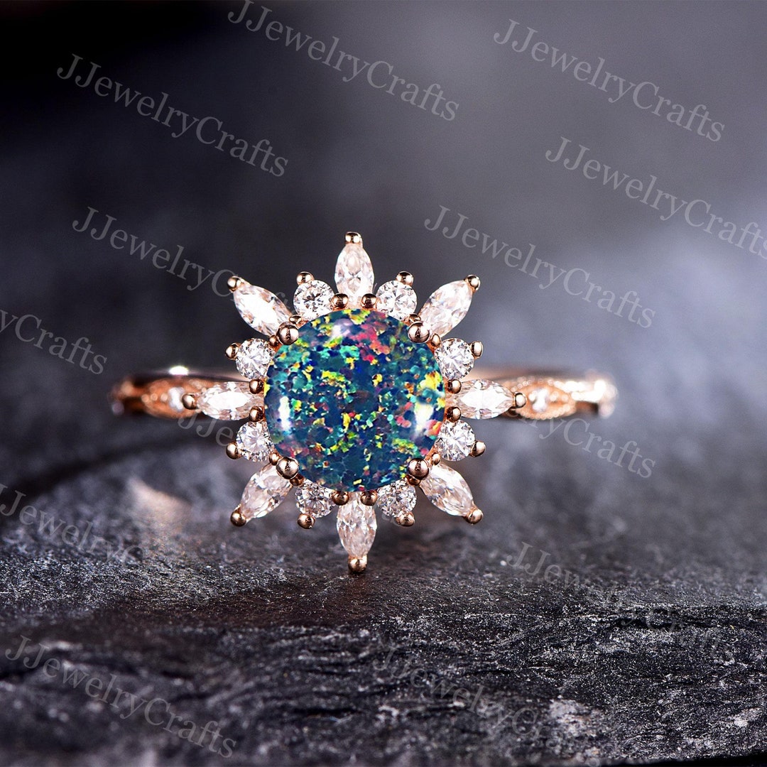 Round Black Opal Ring,silver Black Opal Snowflake Ring,branch Leaf Ring ...