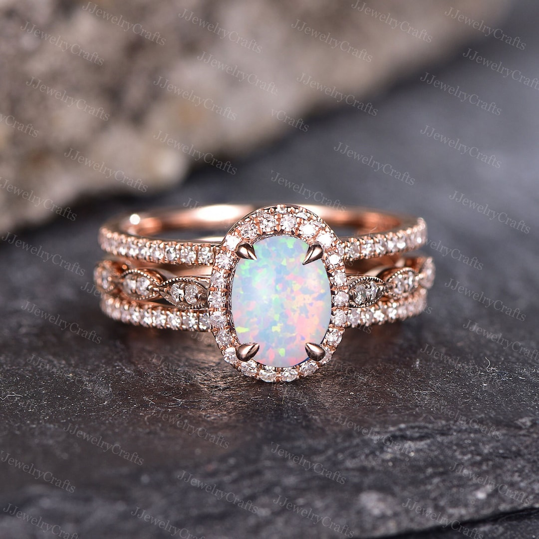 Oval Opal Engagement Ring Set for Women October Birthstone Ring Set ...