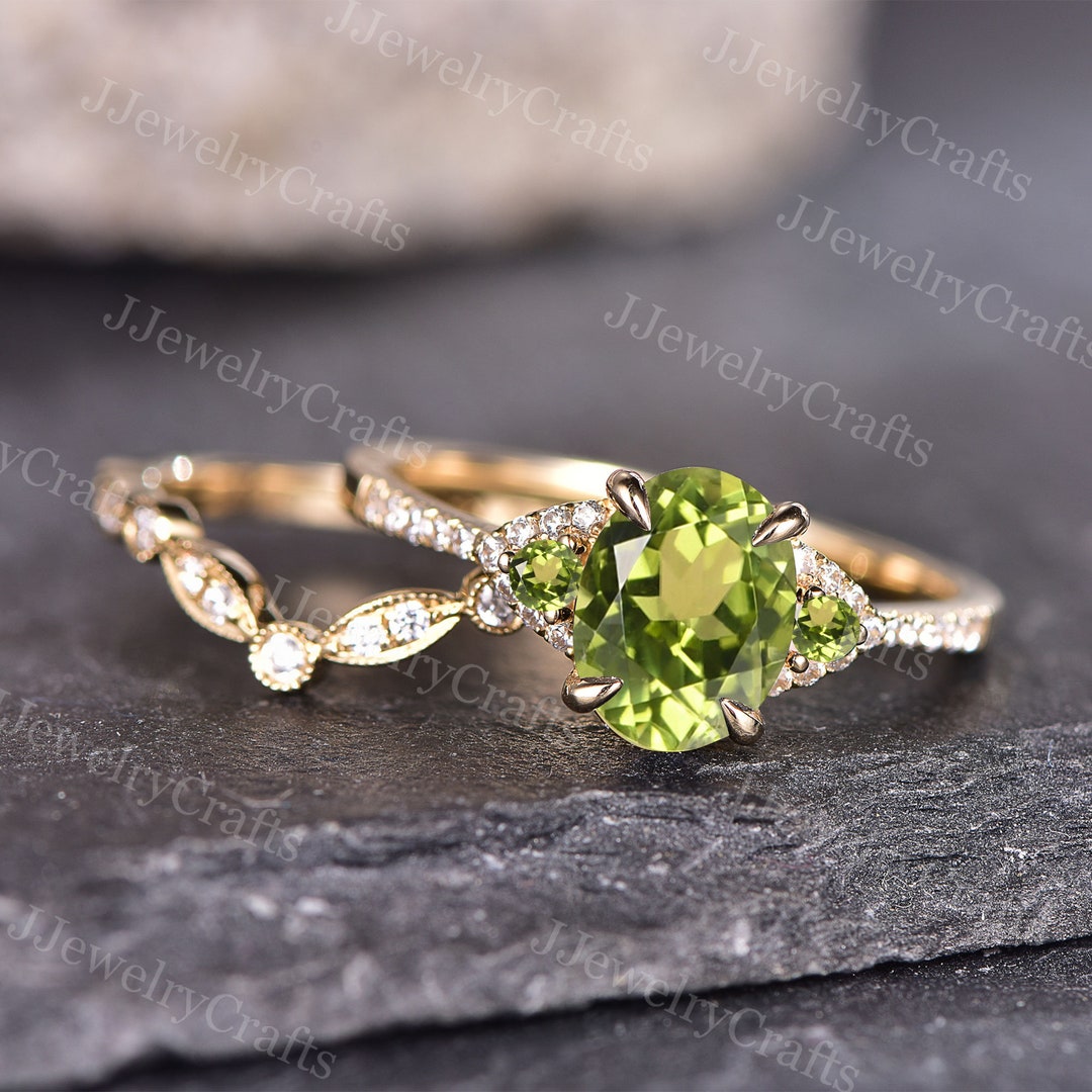 Peridot Ring Set Rose Gold Bridal Wedding Ring Set Oval Peridot ...
