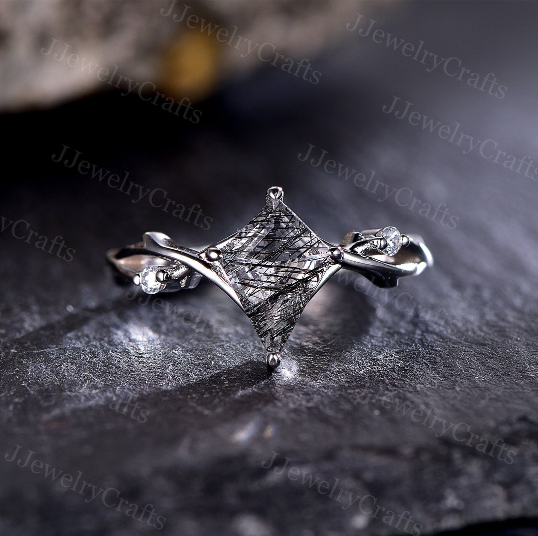 Twig Kite Black Rutilated Black Quartz Engagement Ring 925 Sterling ...