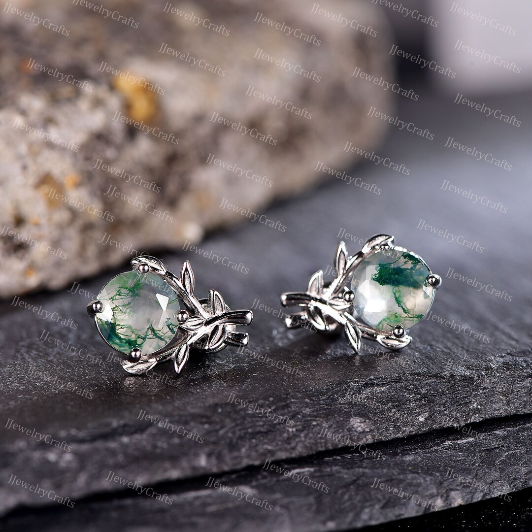 Moss Agate Leaf Stud Earring Nature Leaf Branch Earring for Women Vine ...