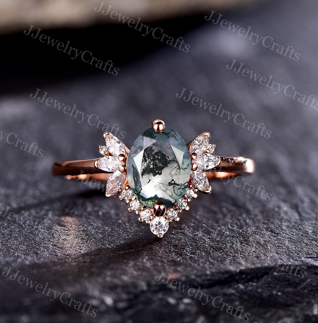 Antique Oval Moss Agate Ring Silver Rose Gold Moss Agate Engagement ...