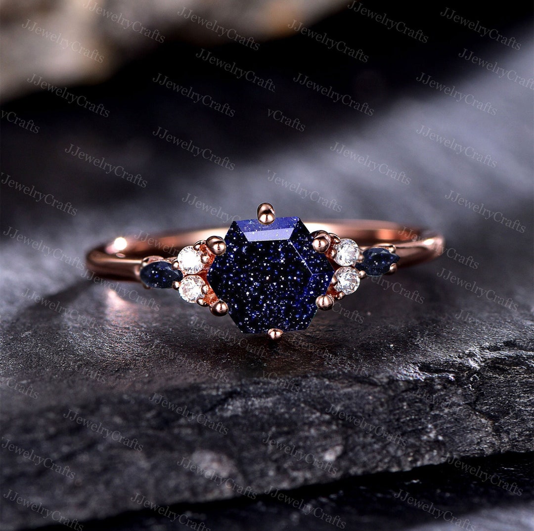 Galaxy Blue Sandstone Ring Hexagon Goldstone Engagement Ring Moissanite ...